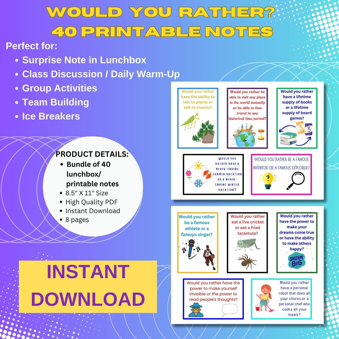 Bundle of 40 would You Rather Notes, Lunchbox Notes, Class Ice-beaker ...