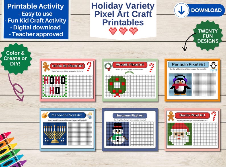 Holiday Pixel Art Printables, Mosaic Art Activity, Seasonal Kids Crafts ...