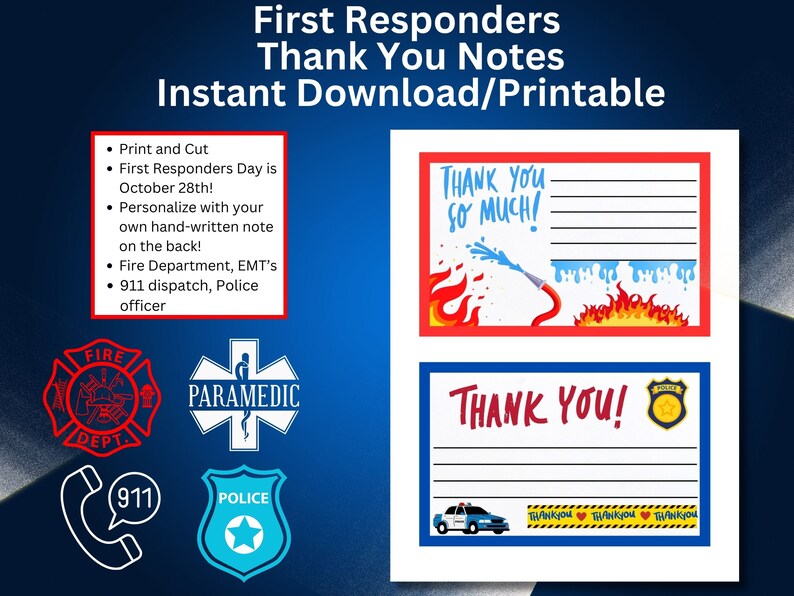 First Responders Thank You Notes, Hero Appreciation, Instant Download ...