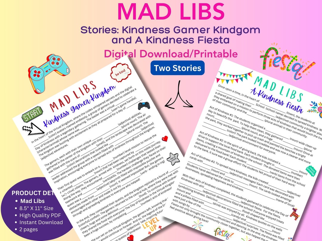 Kindness-themed MAD LIB, Gamer Kingdom & Kindness Fiesta Stories, Class ...
