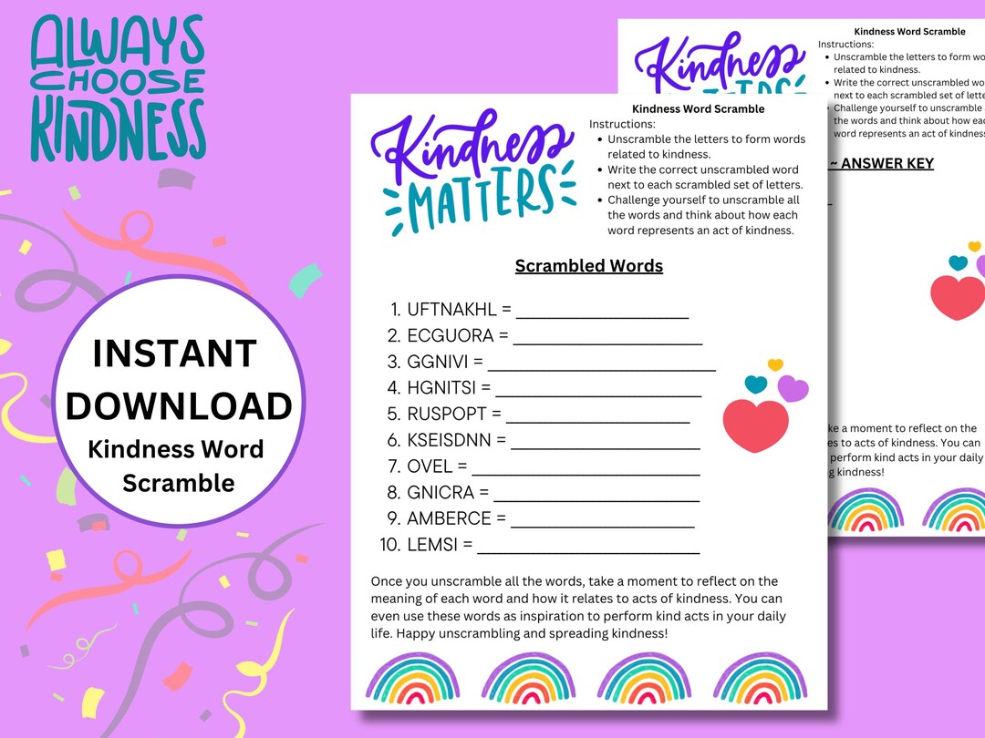 Kindness Word Scramble Puzzle - Printable/instant Download, Fun for ...