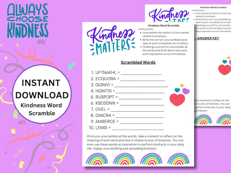 Kindness Word Scramble Puzzle - Printable/instant Download, Fun for ...