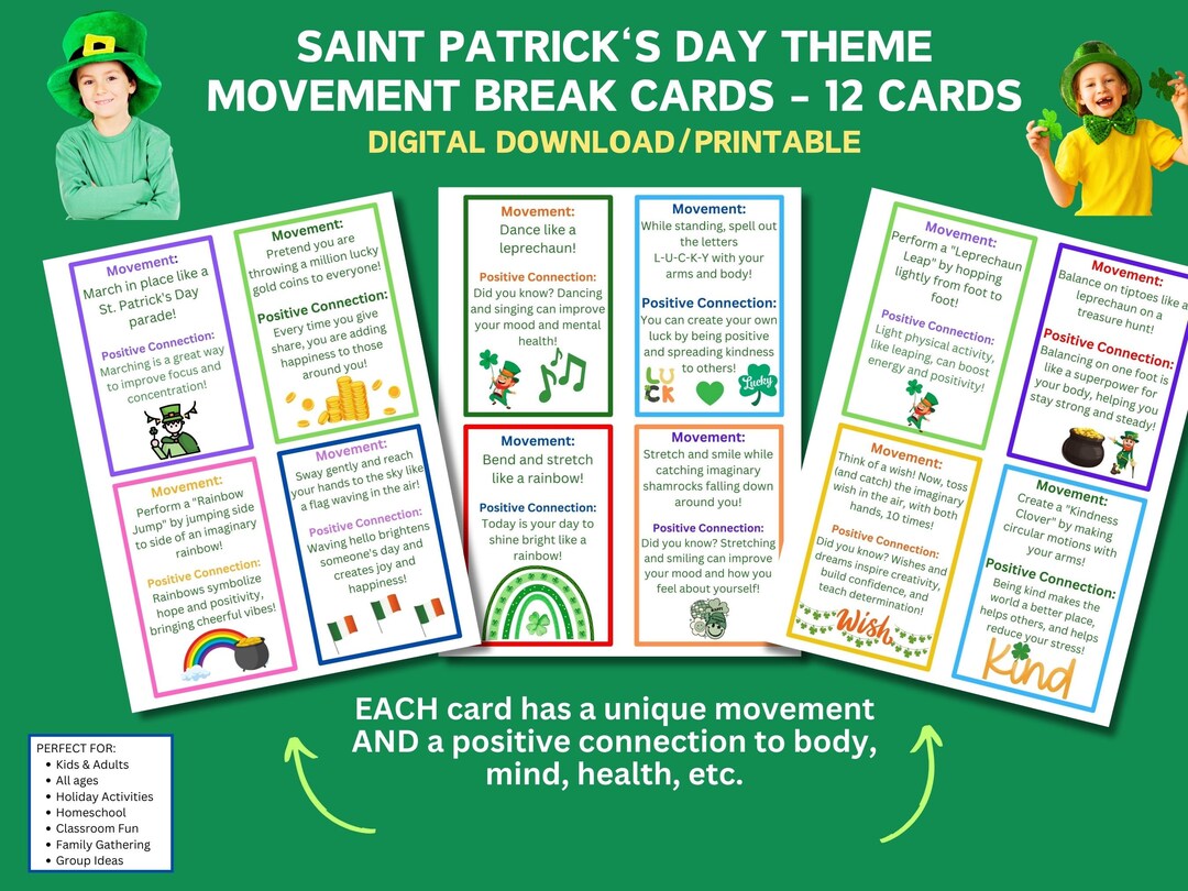 Saint Patrick's Day Movement Break Cards, Set of 12, Class Activity ...