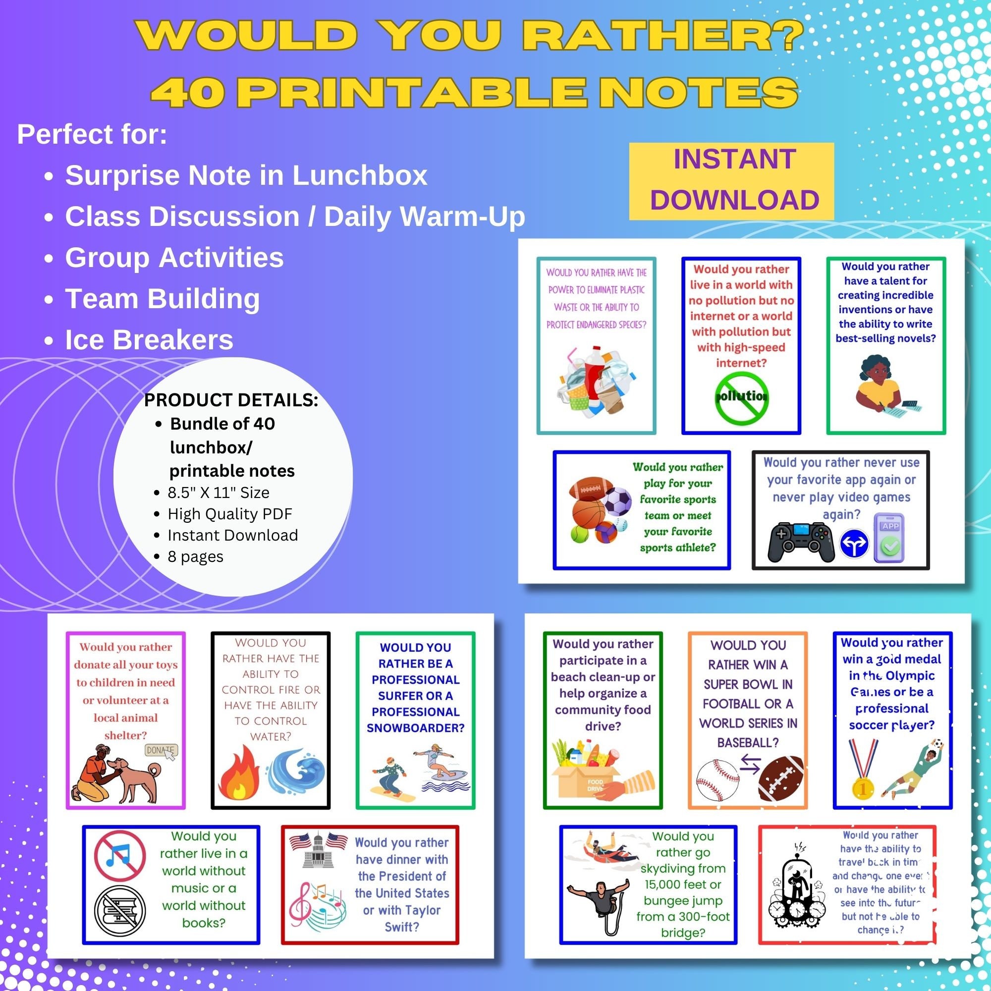 Bundle of 40 "would You Rather?" Notes, Lunchbox Notes, Class Ice ...
