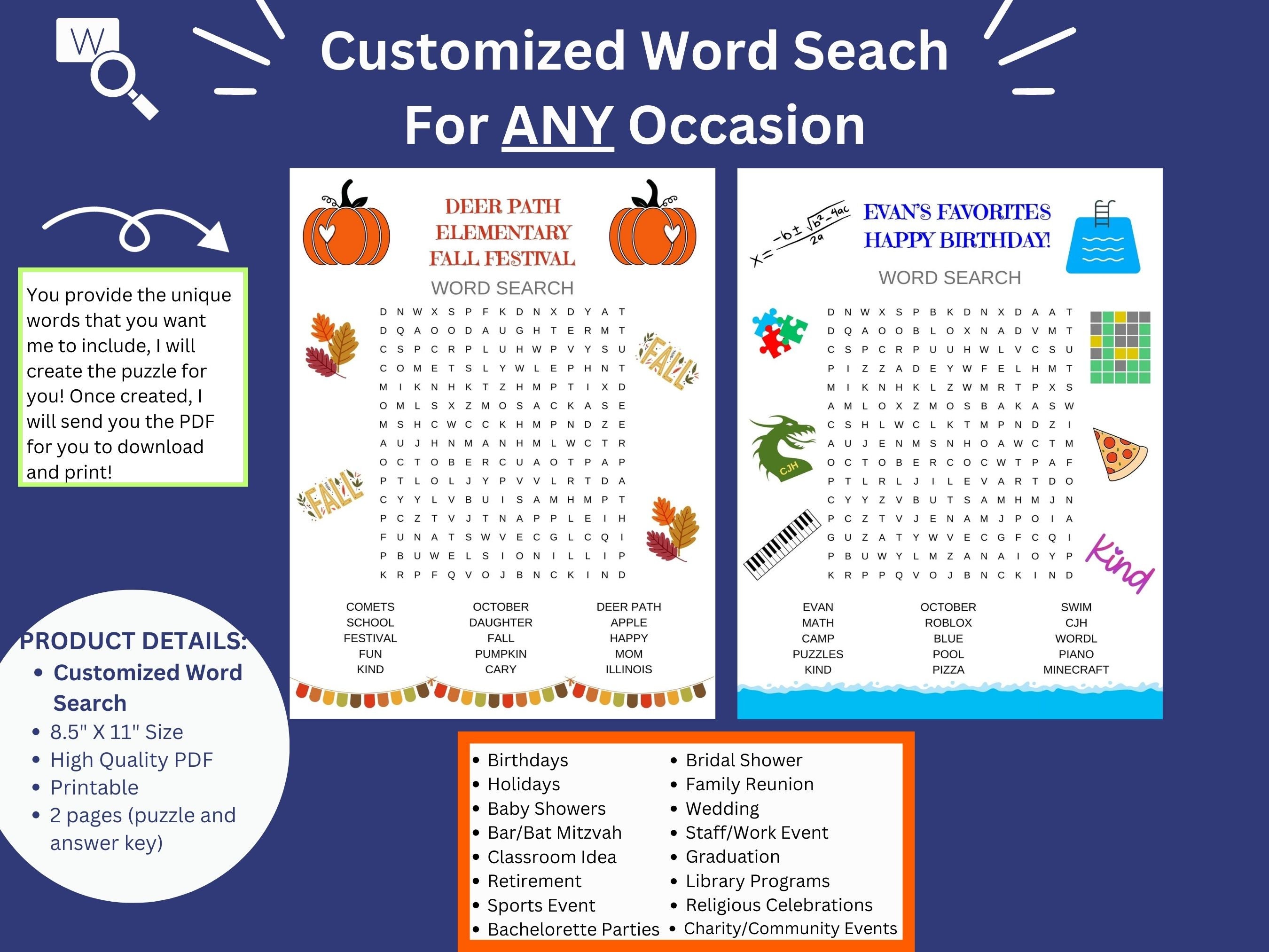 CUSTOMIZED WORD SEARCH, Designed for Any Occasion, Unique Gift Idea ...