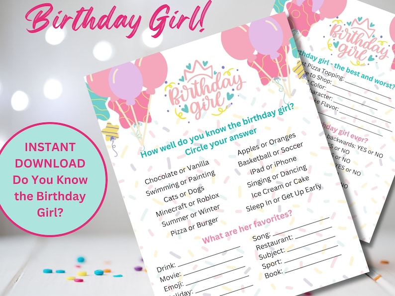 Do You Know the Birthday Girl - Fun Questionnaire for Guests, Birthday ...
