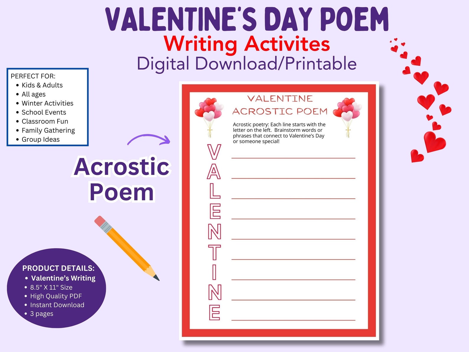 Valentine's Writing Pack: Acrostic Poem, Hearts of Love, & Expressive ...