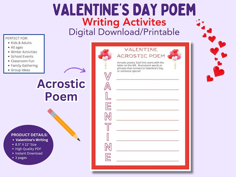 Valentine's Writing Pack: Acrostic Poem, Hearts of Love, & Expressive ...