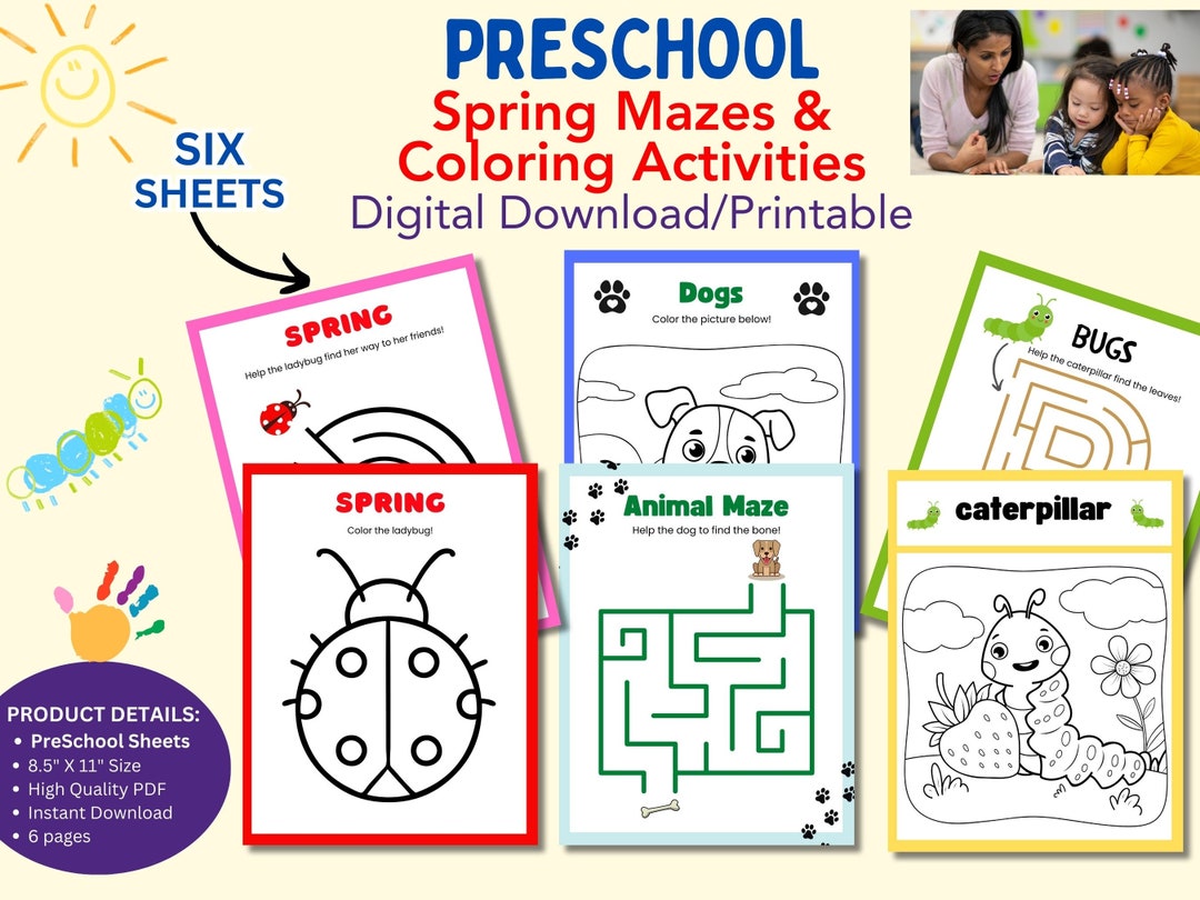 Preschool Maze and Coloring, Springtime Activities, Educational Bundle ...