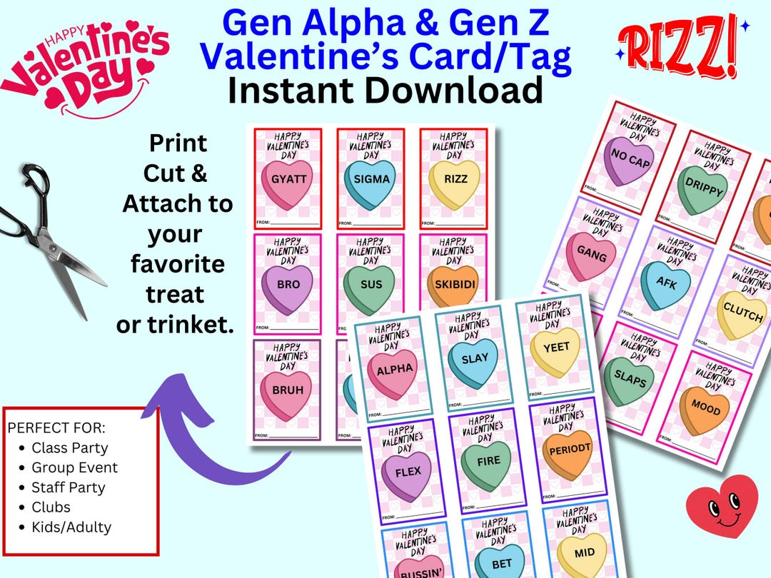 Gen Alpha & Gen Z Valentine Cards, 27 Teen Slang Printable Tags ...