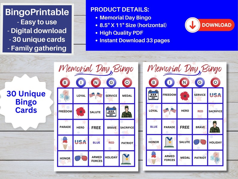 Memorial Day Bingo - 30 Unique Printable Bingo Cards - Etsy