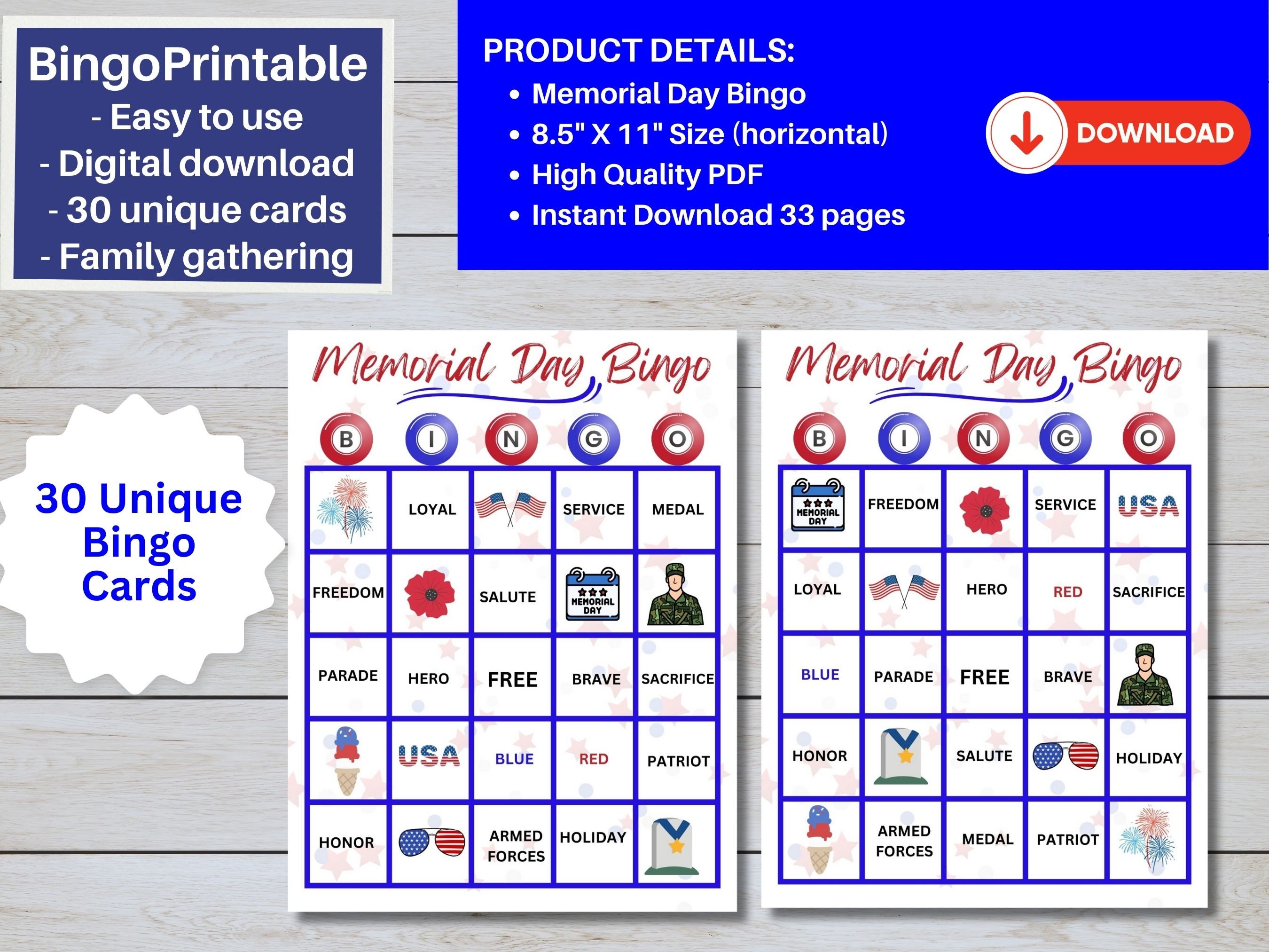 Memorial Day Bingo - 30 Unique Printable Bingo Cards - Etsy