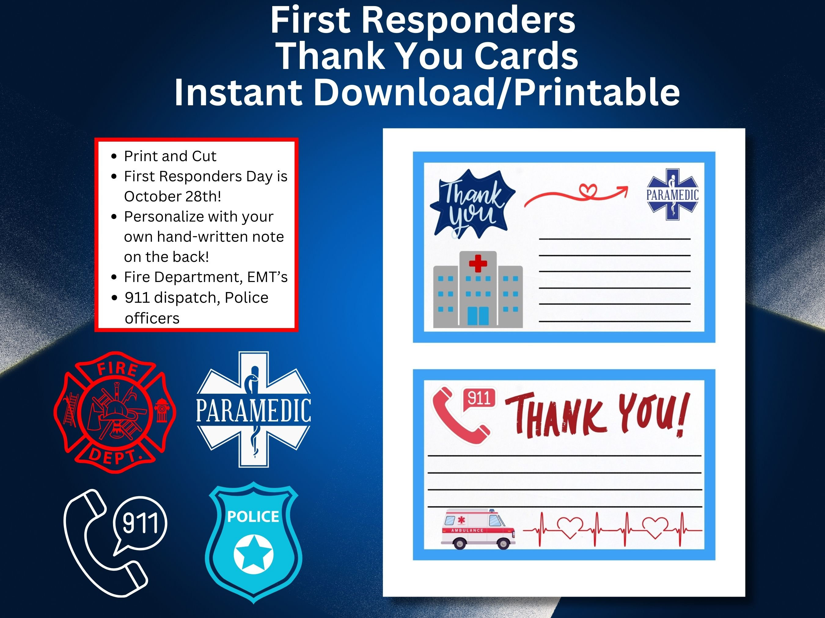 First Responders Thank You Notes, Hero Appreciation, Instant Download ...