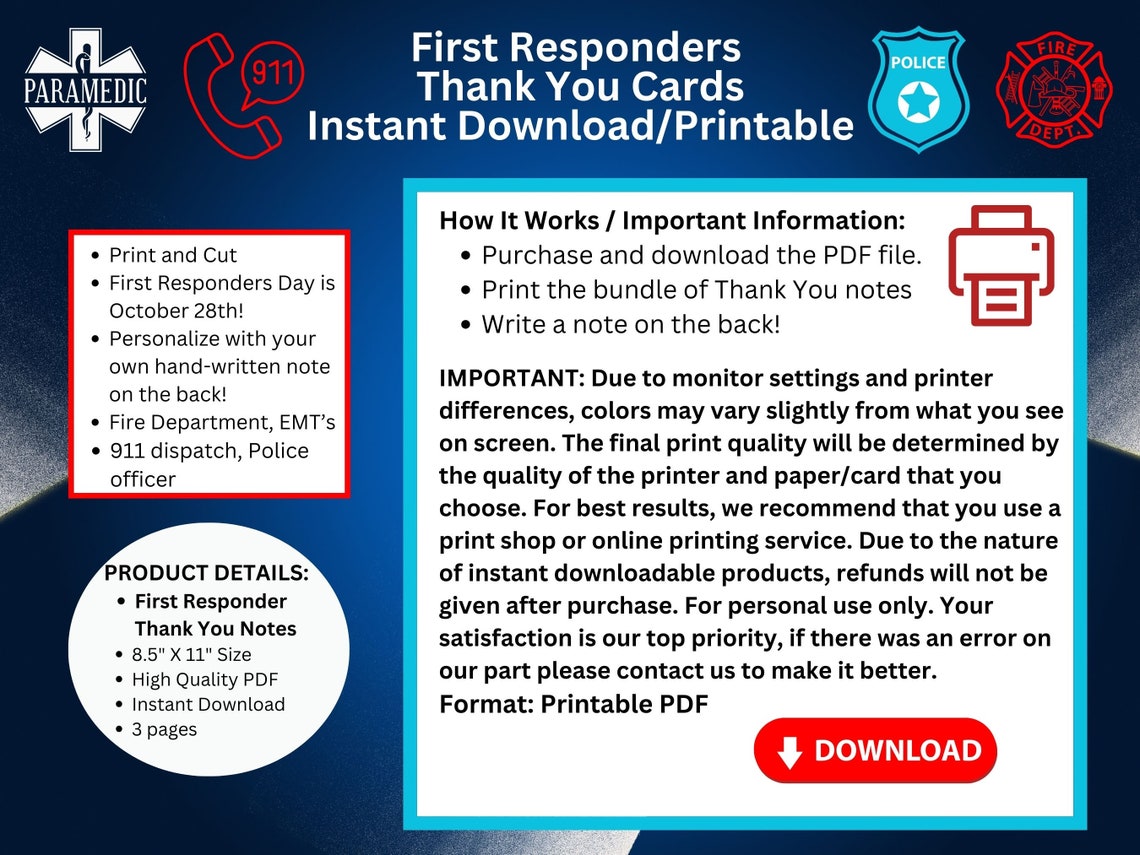 First Responders Thank You Notes, Hero Appreciation, Instant Download ...