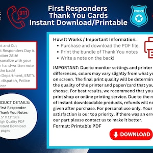 First Responders Thank You Notes, Hero Appreciation, Instant Download ...