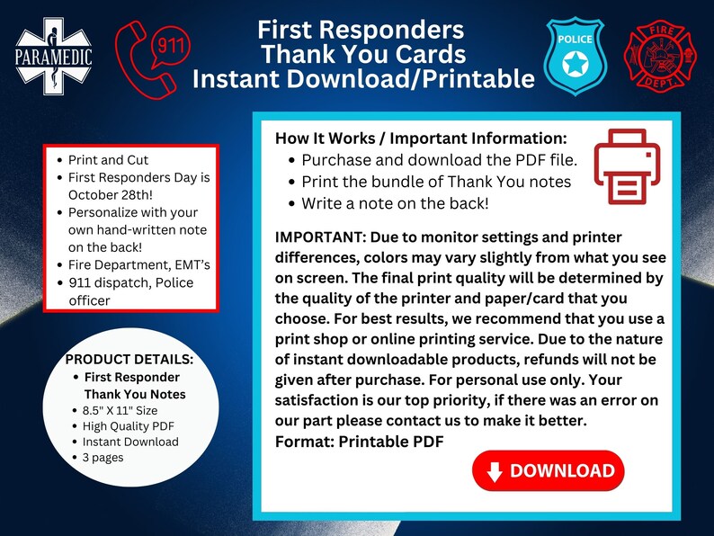 First Responders Thank You Notes, Hero Appreciation, Instant Download ...