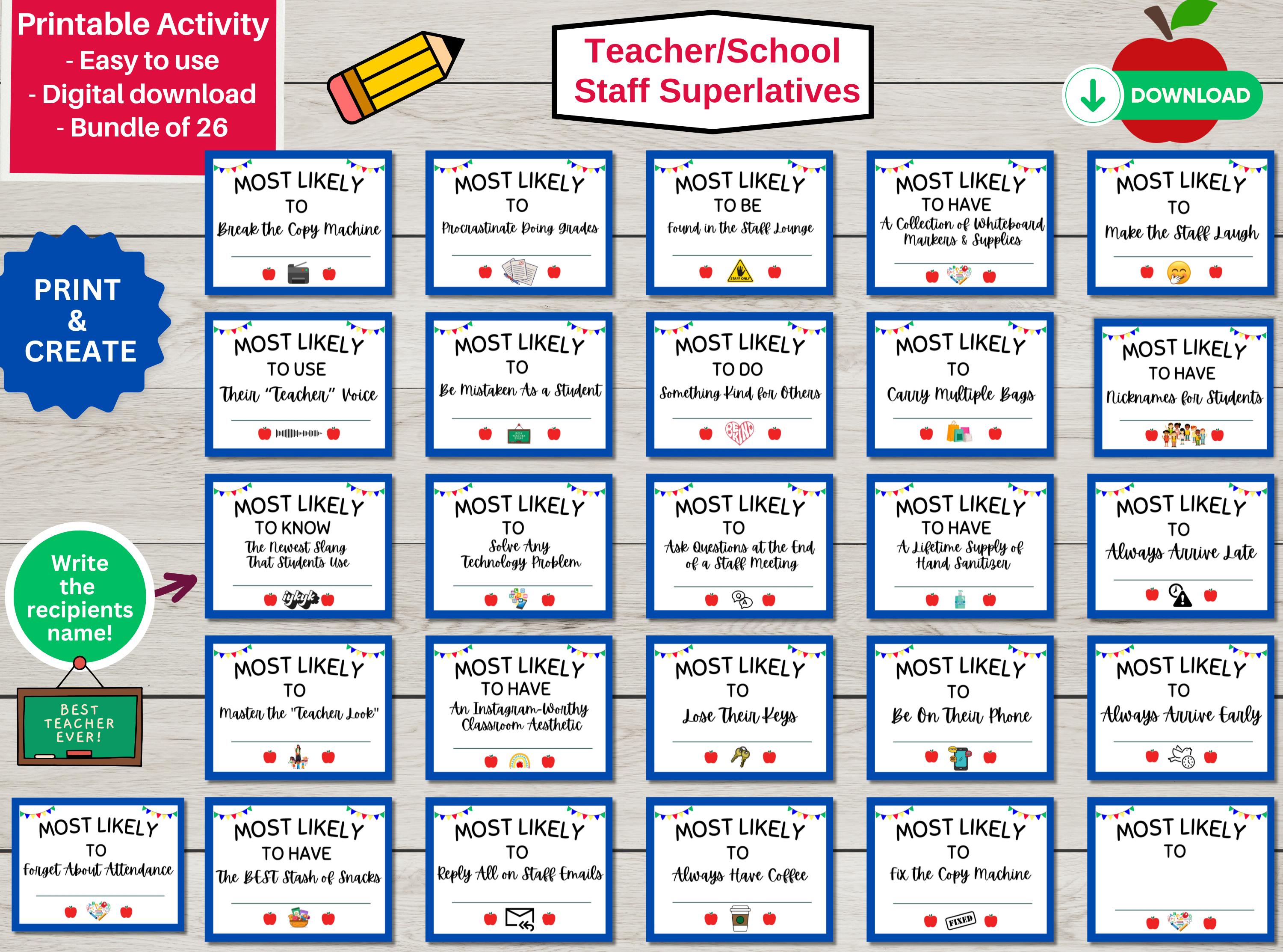 Teacher/staff Superlative Awards, School Party, Funny Teacher ...