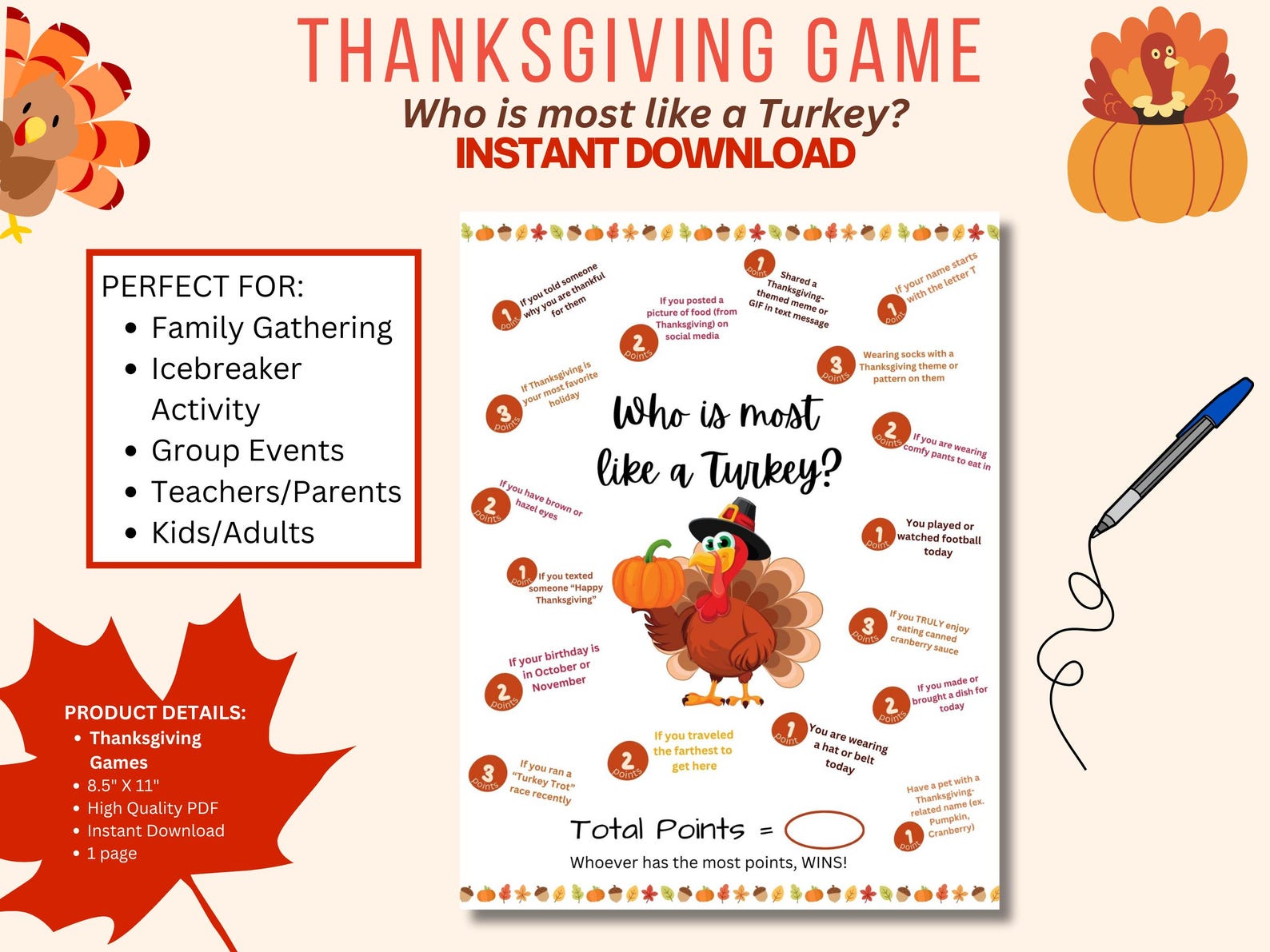 Thanksgiving Game, Who is Most Like a Turkey? Icebreaker, Family ...