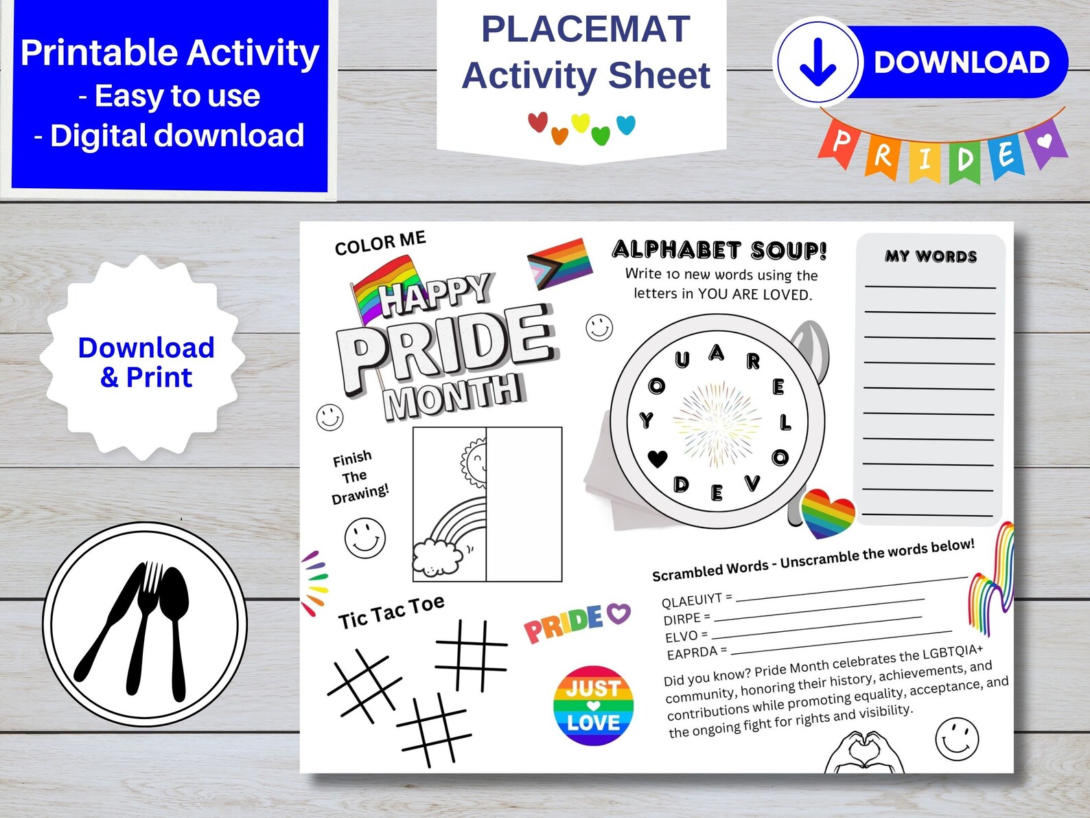 PRIDE Placemat, Kids Activity Table Mat, Craft Activity Page, Love Wins ...