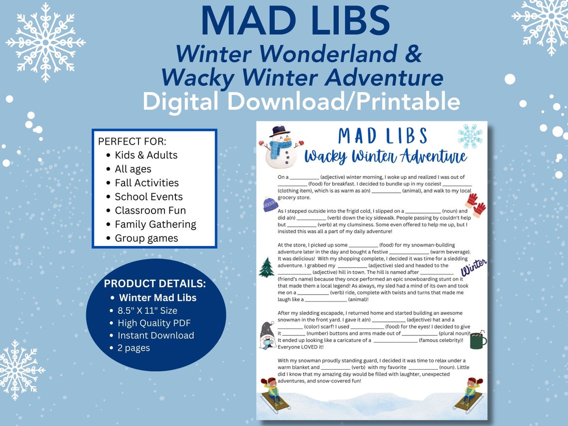 Winter-themed Mad Libs, Class Activity, Family Party, Group Game ...