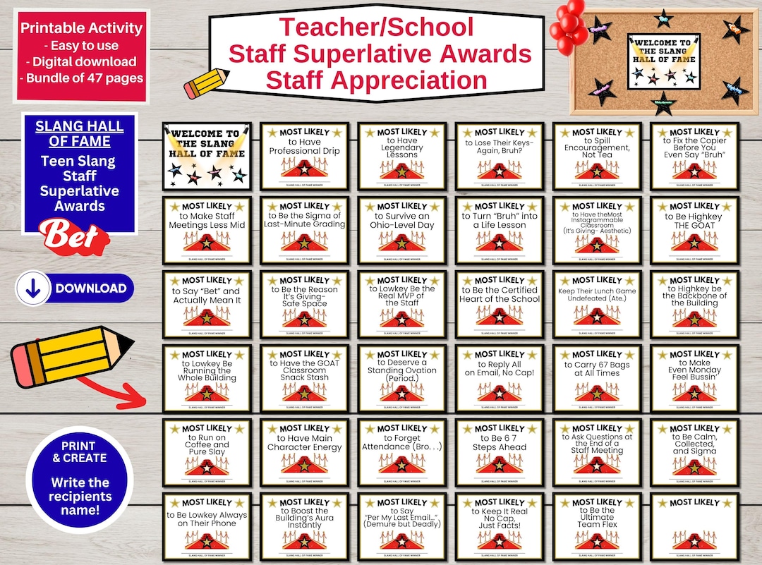 Teacher Staff Superlative Awards Printable, Slang Hall of Fame, Staff ...