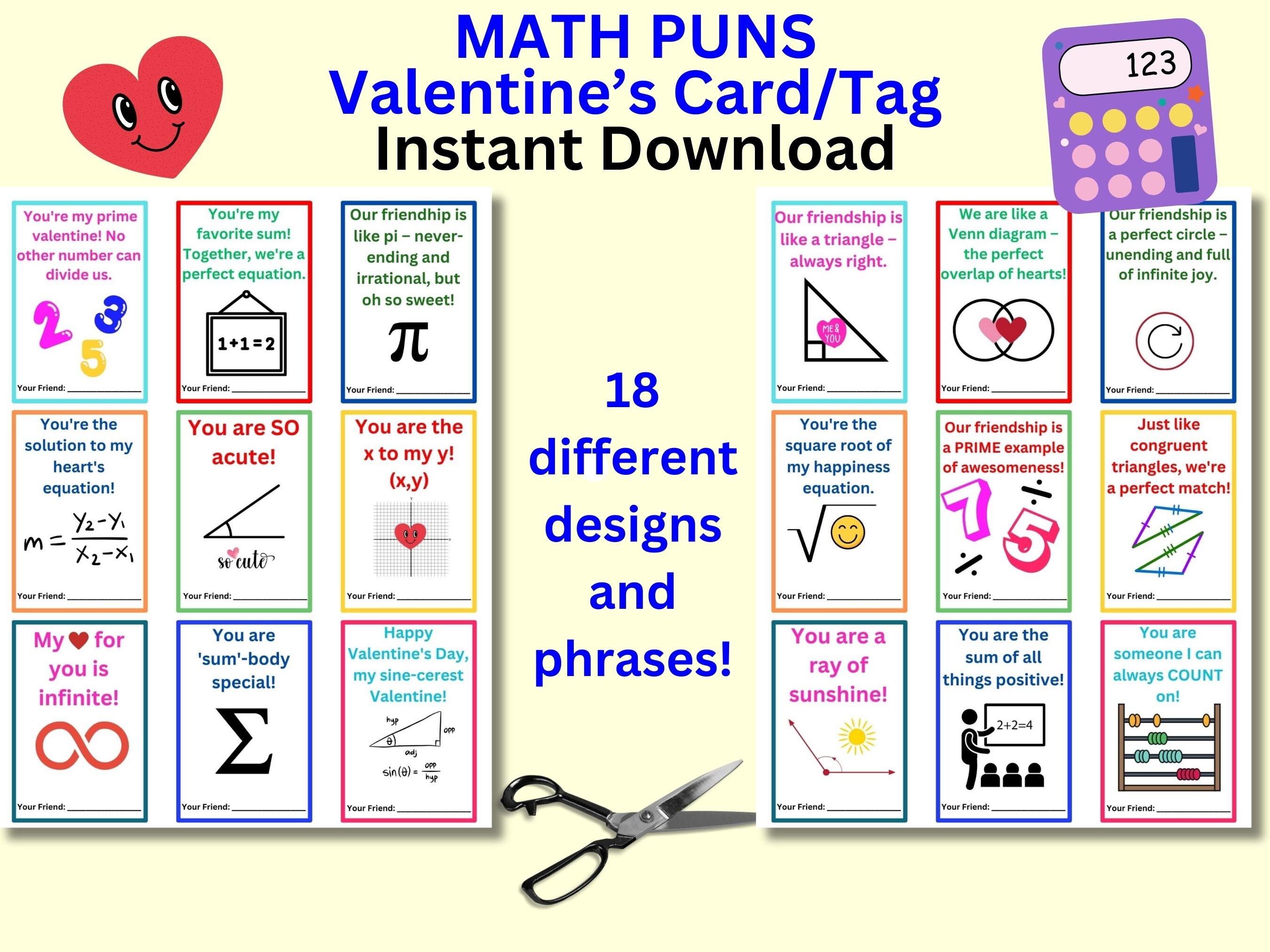 Math Puns: Colorful Valentine's Math Pun Notes, Printable Cards ...