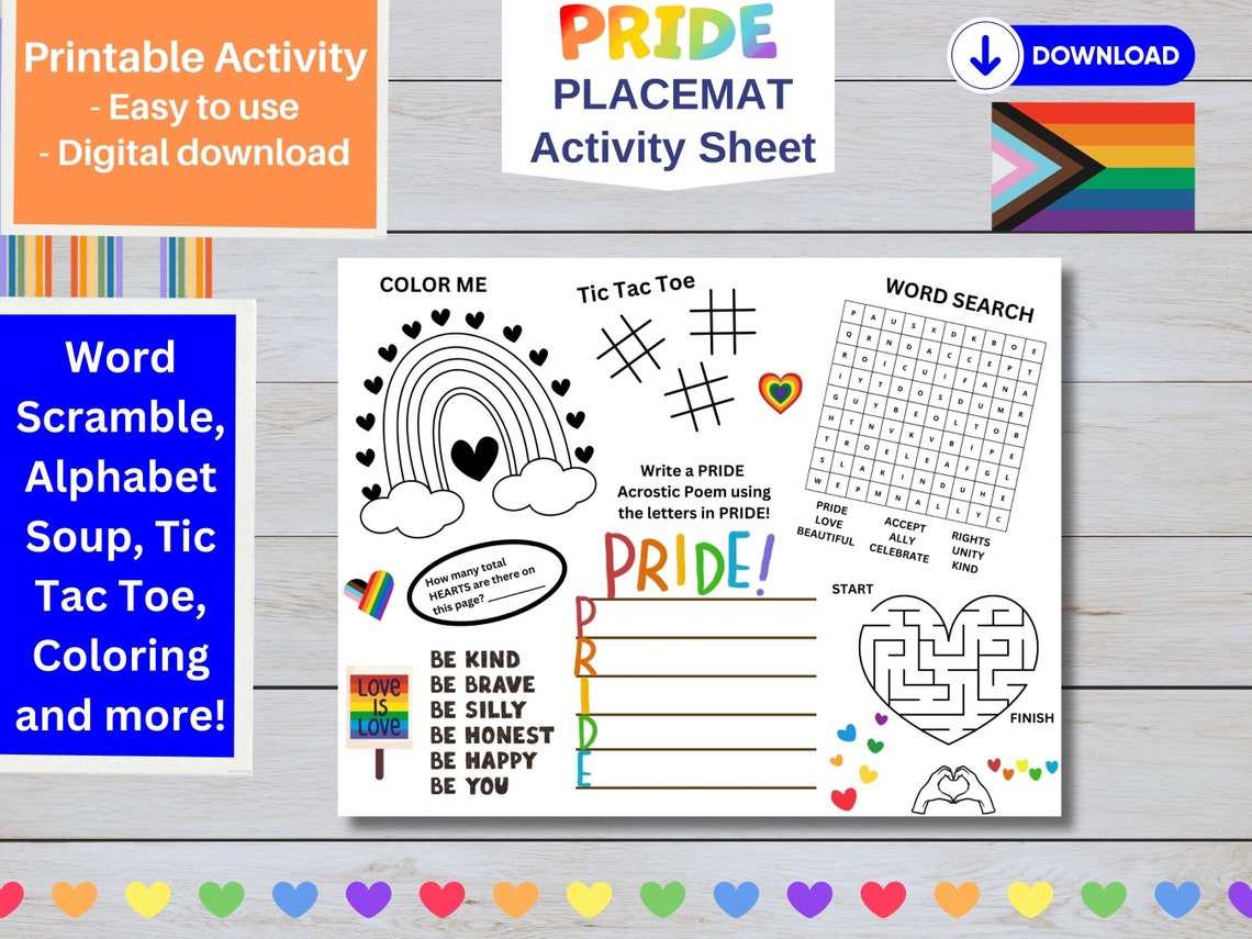 PRIDE Placemat, Fun Kids Activity Table Mat, Craft Activity Page, Love ...