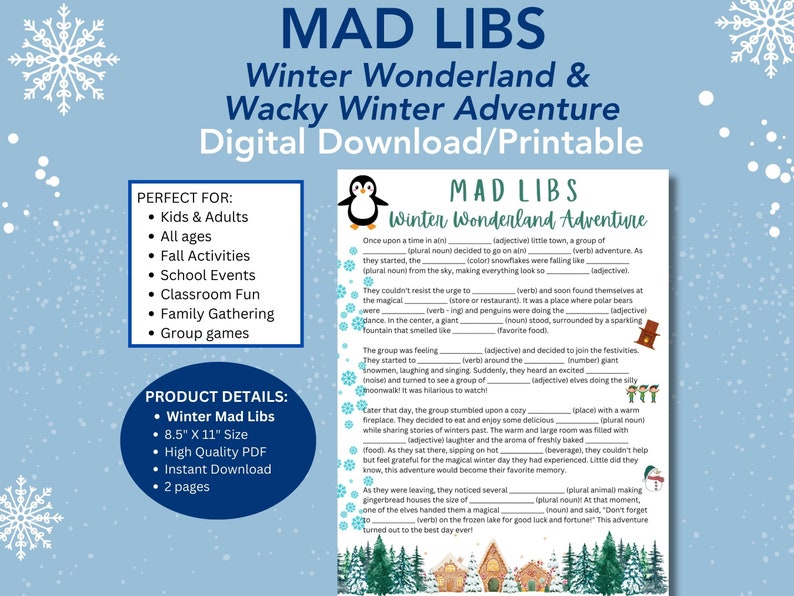 Winter-themed Mad Libs, Class Activity, Family Party, Group Game ...