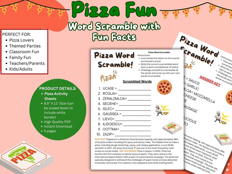 Pizza-themed Fun Activities Bundle: Mad Lib, Word Scramble, and Word ...