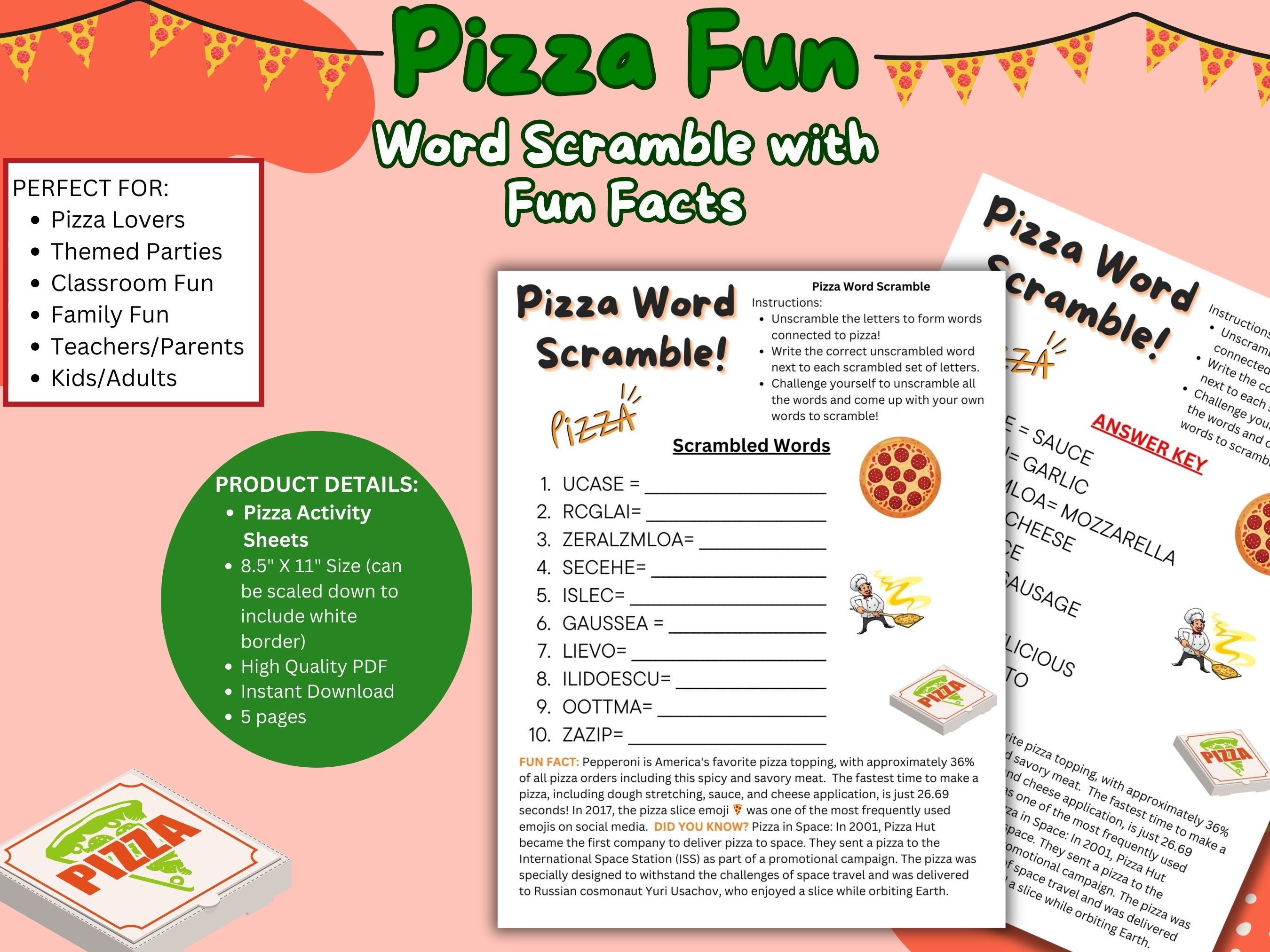 Pizza-themed Fun Activities Bundle: Mad Lib, Word Scramble, and Word ...
