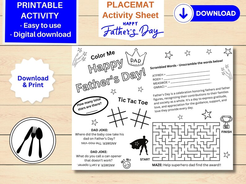Father's Day Printable Placemat for Kids, Table Mat Activity Sheet ...
