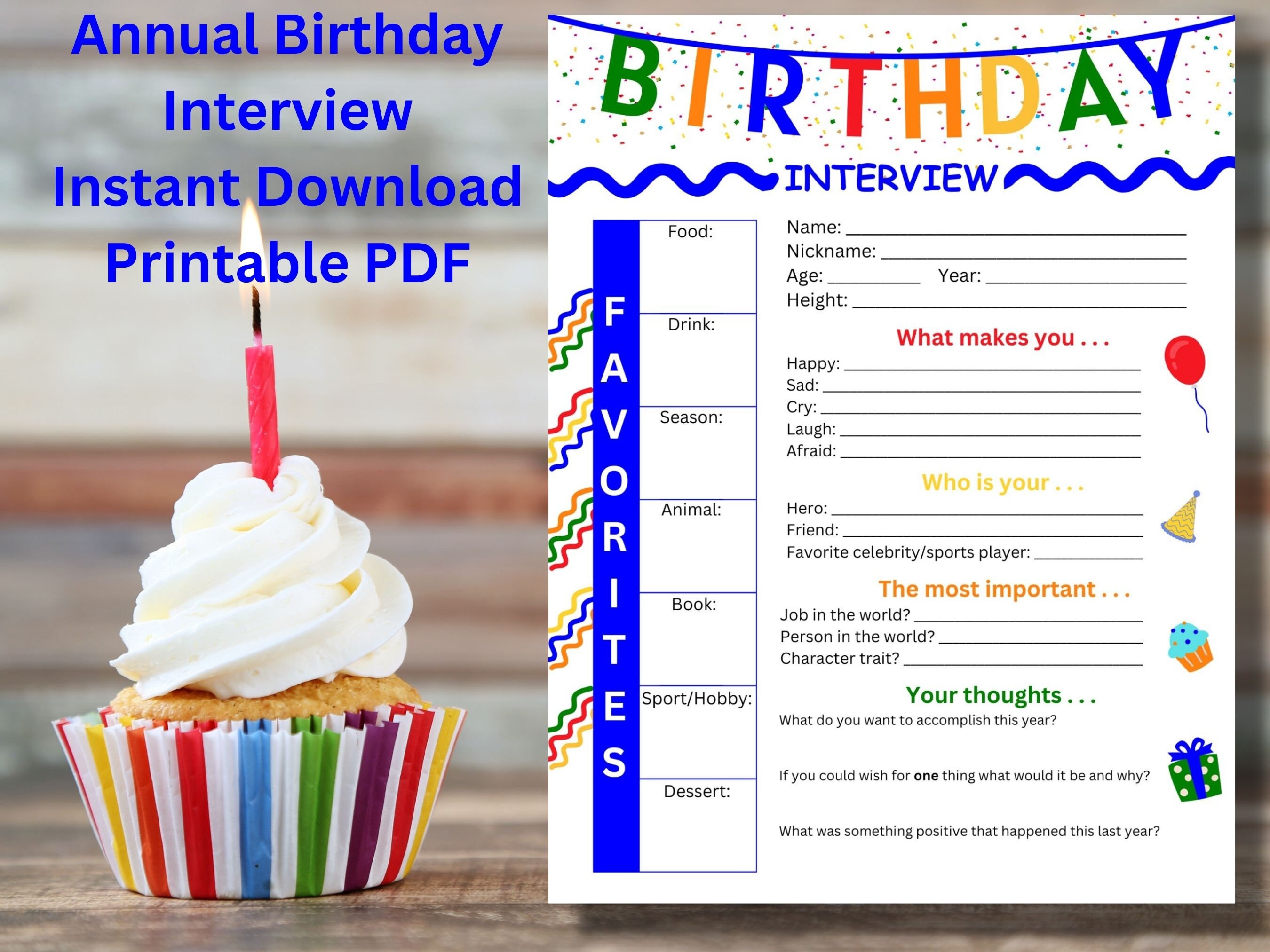 Birthday Annual Interview Questionnaire, Keepsake Memory, Instant ...