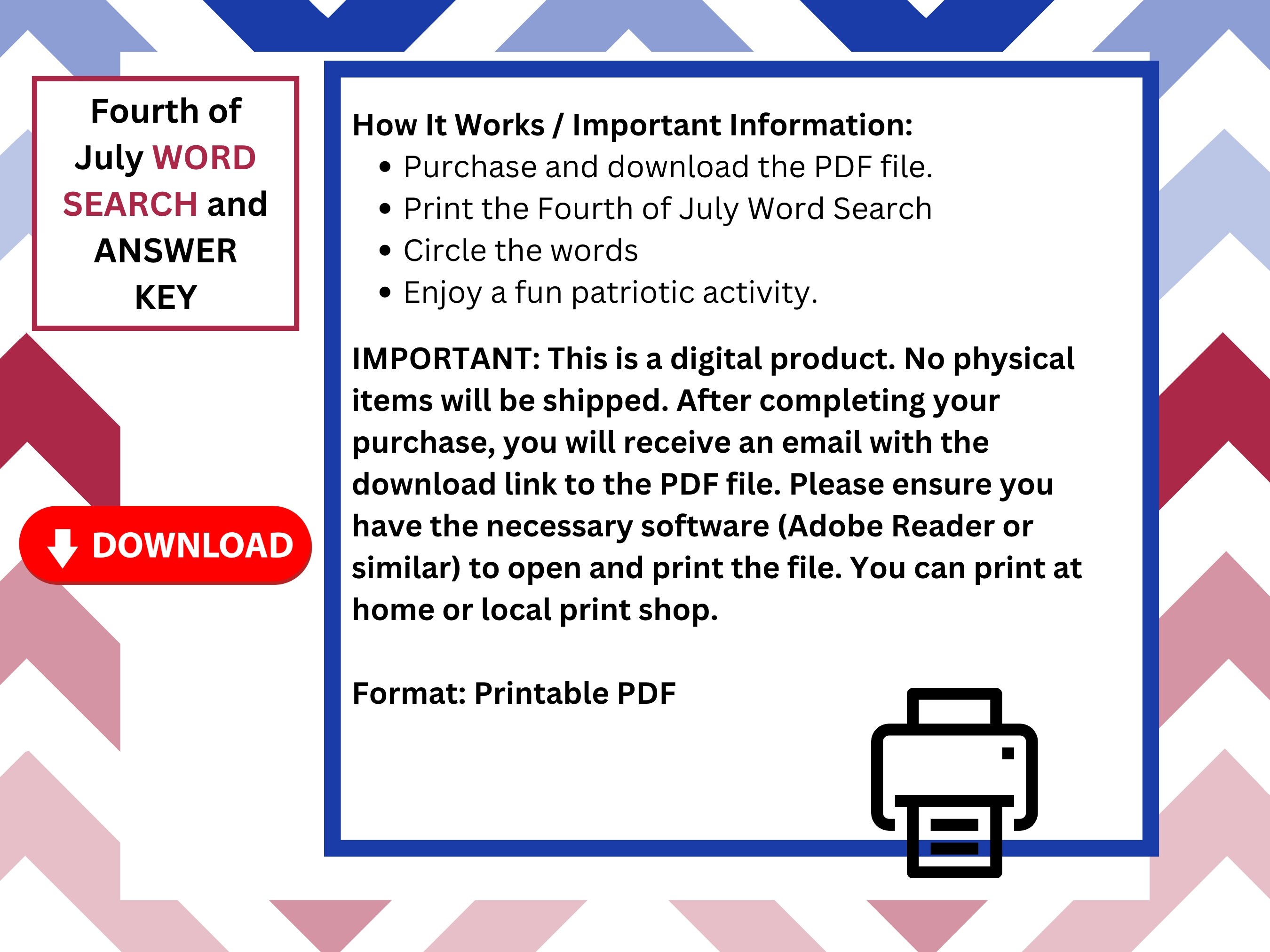 Fourth of July Patriotic Word Search Activity PDF, Kids Fun Activity ...