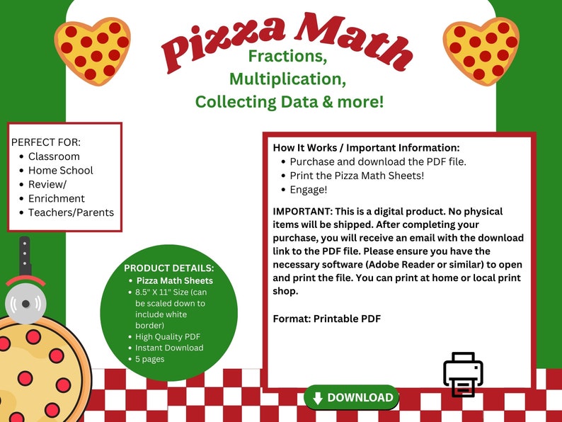 Pizza Math Worksheets, Fractions, Multiplication, Data Collection ...