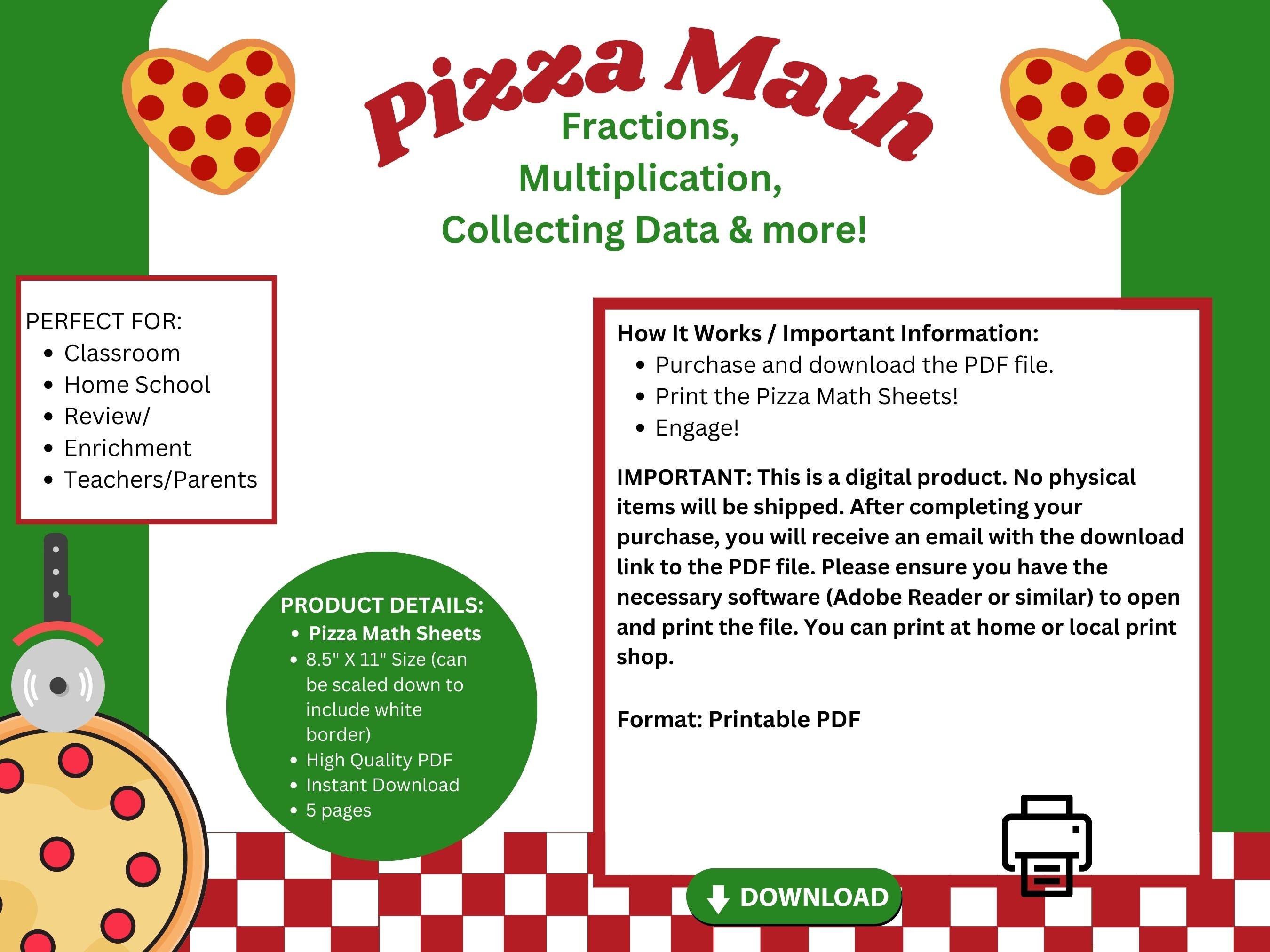 Pizza Math Worksheets, Fractions, Multiplication, Data Collection ...