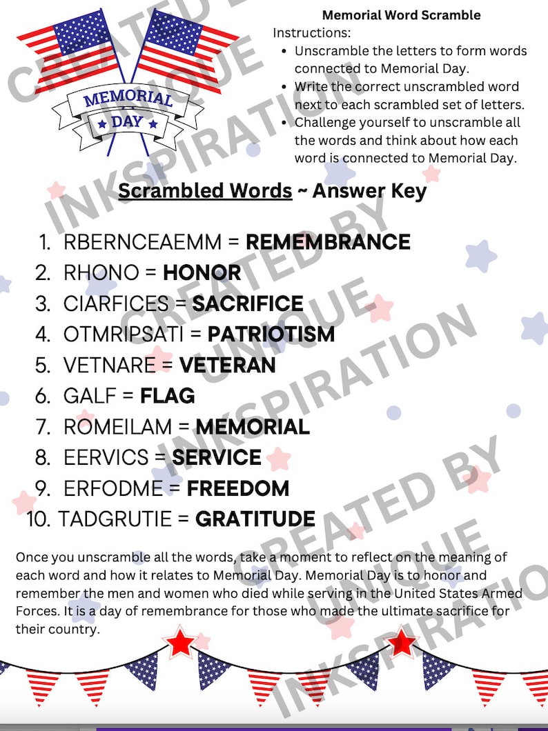 Memorial Day Word Scramble Family Gathering Puzzle Activity - Etsy