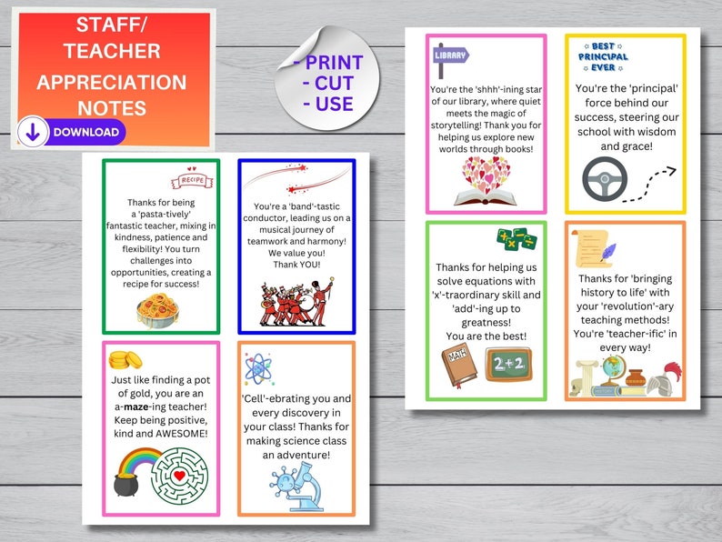 Staff & Teacher Appreciation Notes, Thank You Card Bundle, School ...