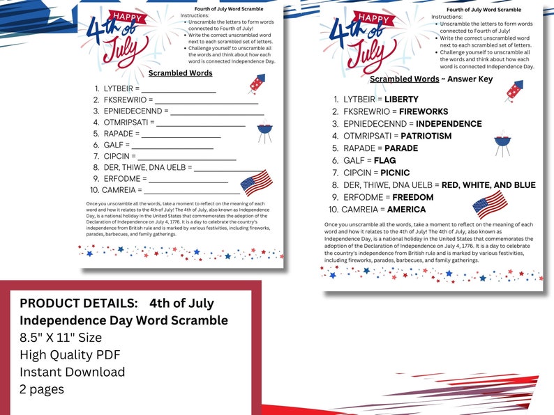 4th of July Independence Day Word Scramble - Printable PDF, Family ...