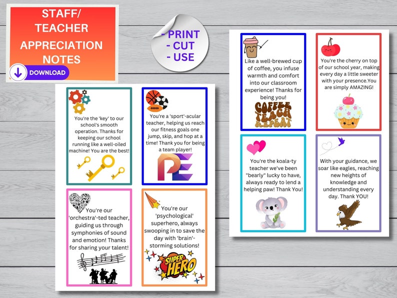 Staff & Teacher Appreciation Notes, Thank You Card Bundle, School ...
