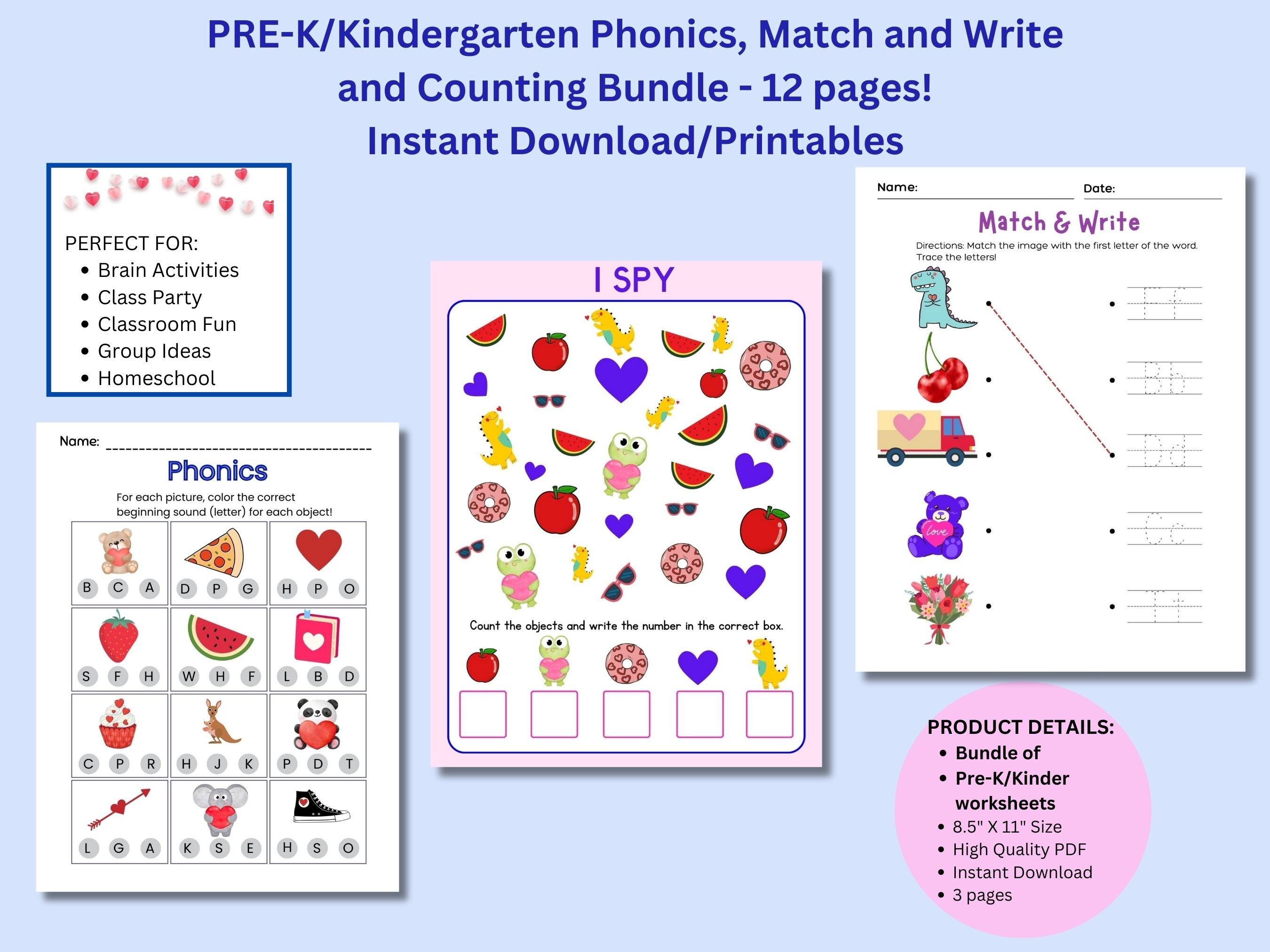 Pre-k, Kindergarten Phonics, Tracing, and Counting Bundle, Valentine's ...
