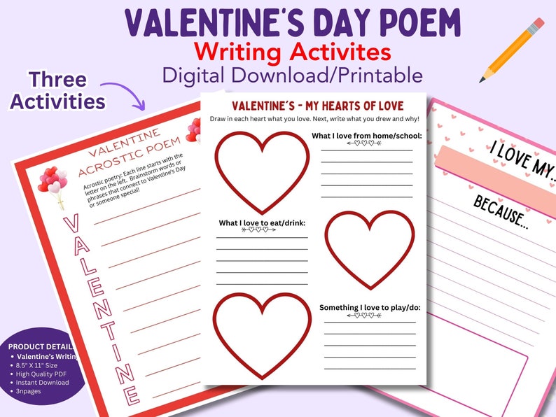 Valentine's Writing Pack: Acrostic Poem, Hearts of Love, & Expressive ...