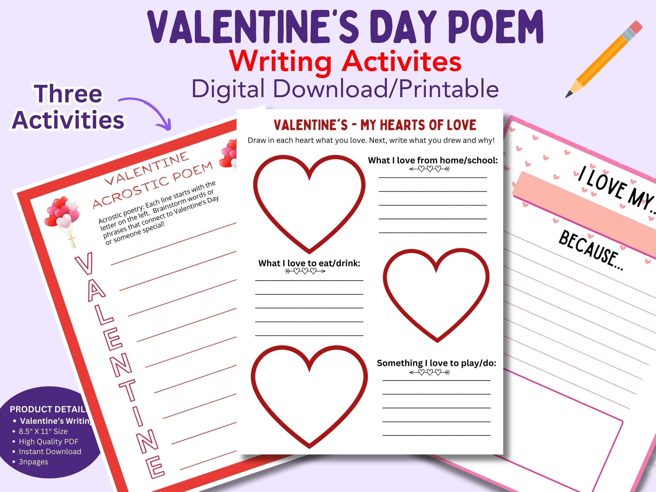 Valentine's Writing Pack: Acrostic Poem, Hearts of Love, & Expressive ...