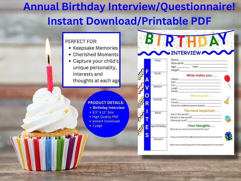 Birthday Annual Interview Questionnaire, Keepsake Memory, Instant ...
