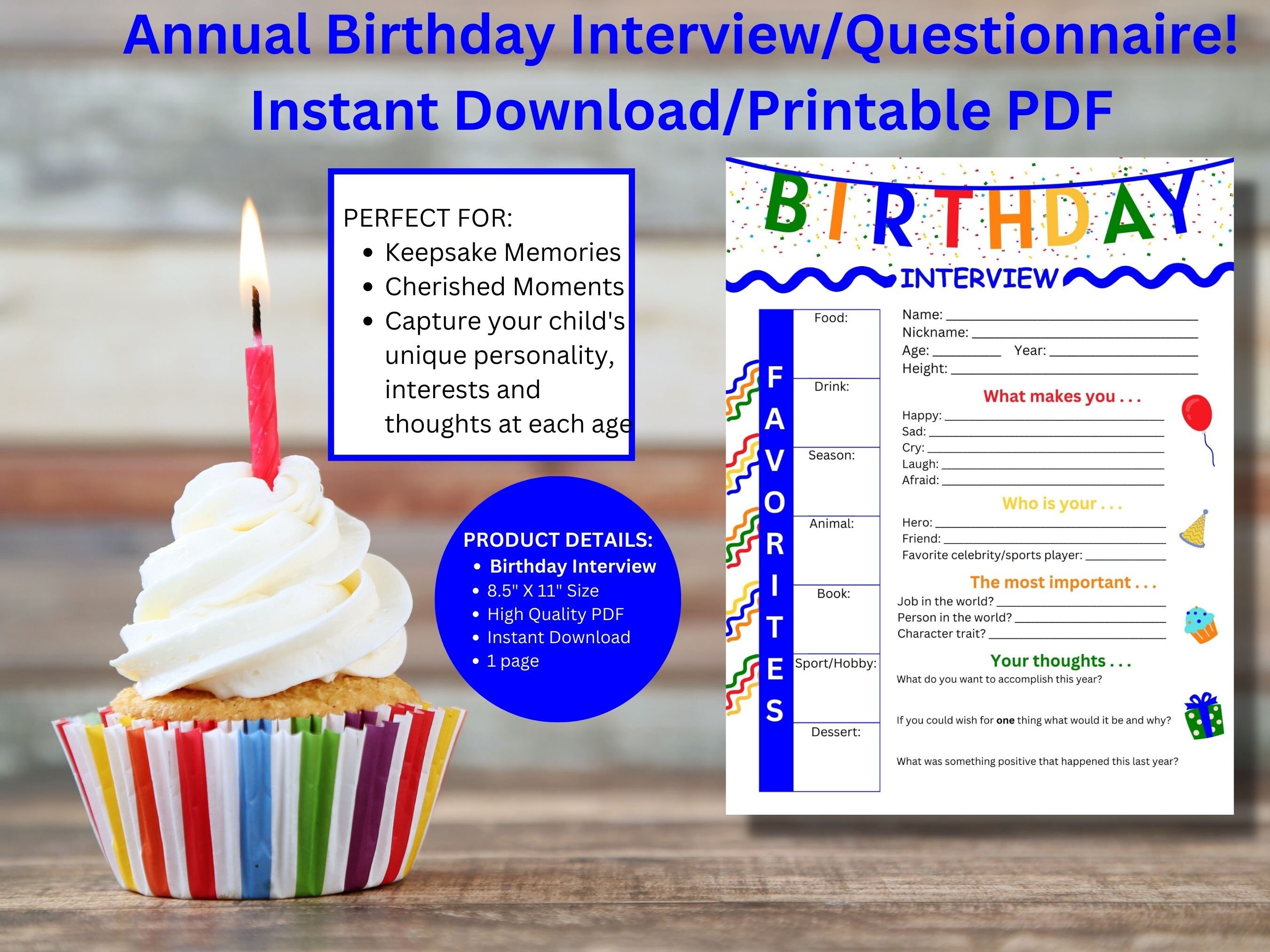 Birthday Annual Interview Questionnaire, Keepsake Memory, Instant ...
