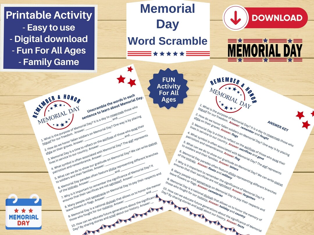 Memorial Day Informational Word Scramble, Family/class/kid Activity ...