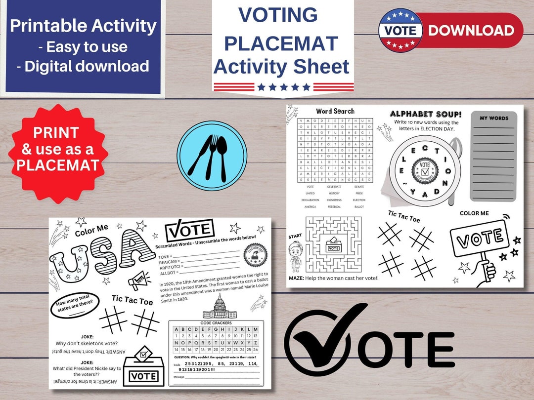 Voting Printable Placemat, Election Day Activity Sheet, Table Mat Craft ...