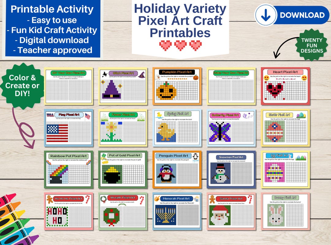 Holiday Pixel Art Printables, Mosaic Art Activity, Seasonal Kids Crafts ...