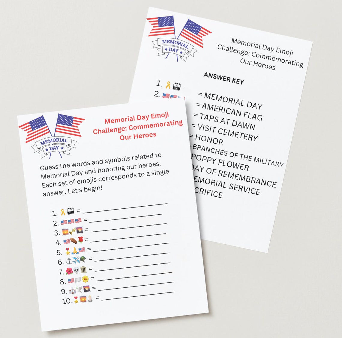 Memorial Day Emoji Challenge, Family Game, Holiday Puzzle, Kid's ...