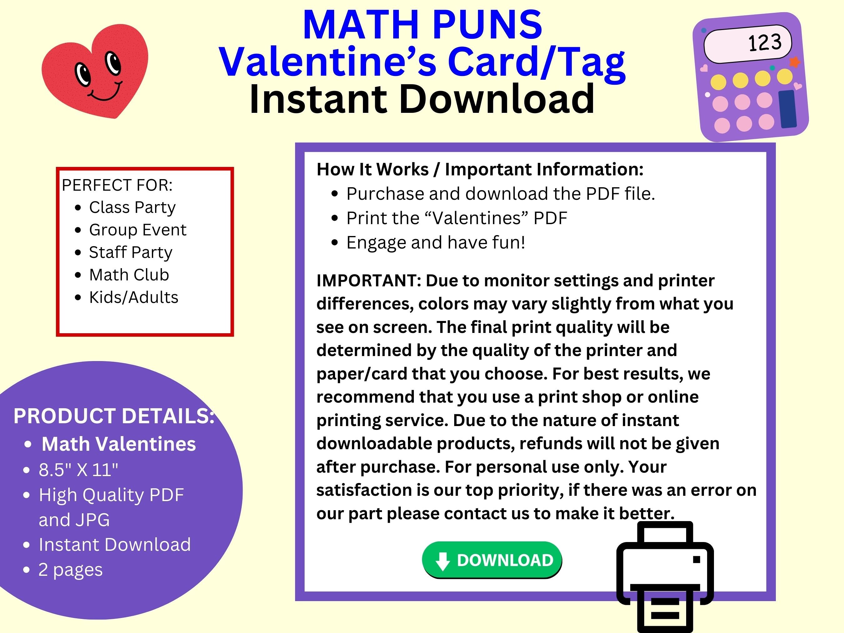 Math Puns: Colorful Valentine's Math Pun Notes, Printable Cards ...