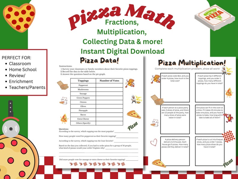 Pizza Math Worksheets, Fractions, Multiplication, Data Collection ...
